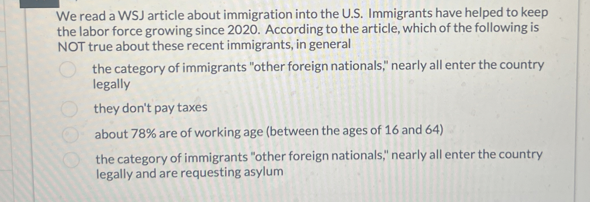 Solved We read a WSJ article about immigration into the U.S. | Chegg.com