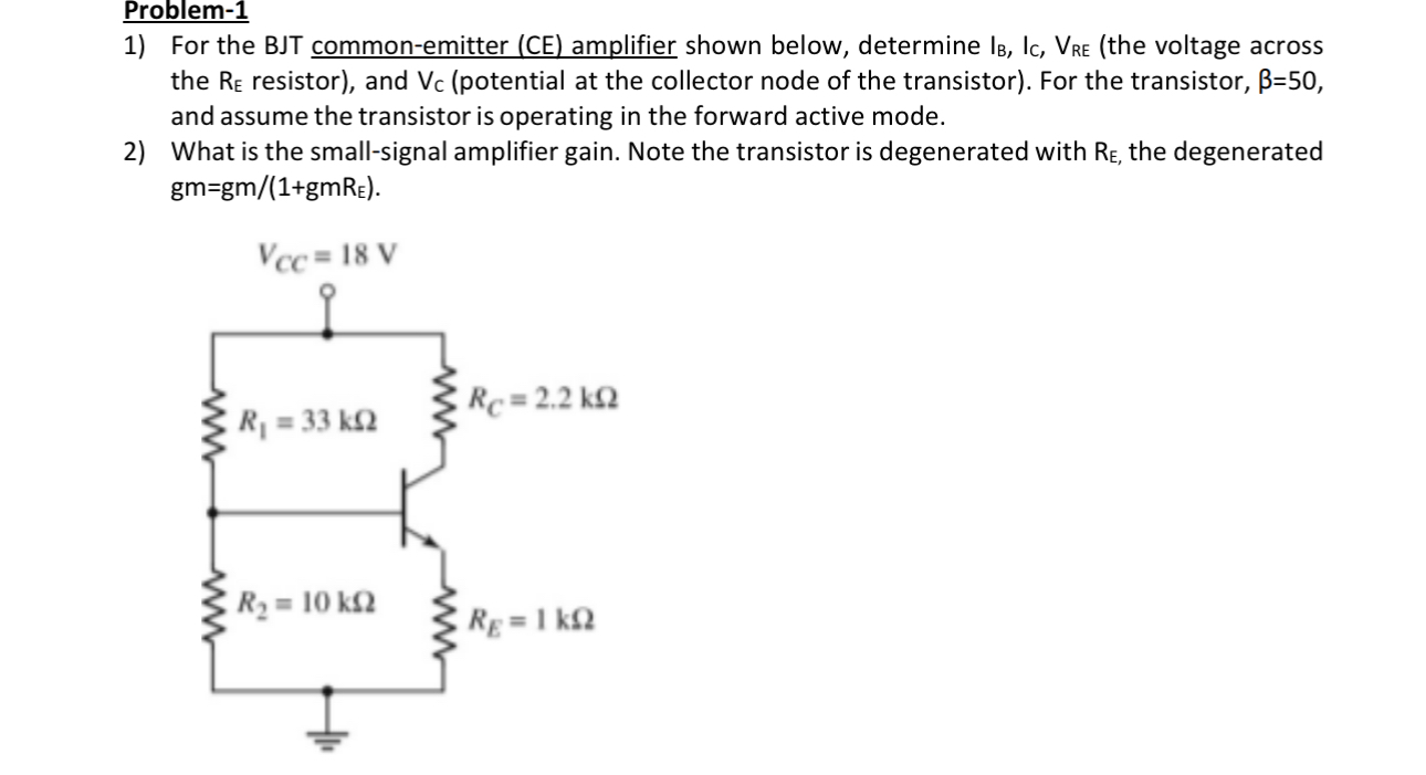 Solved Problem-1For the BJT common-emitter (CE) ﻿amplifier | Chegg.com