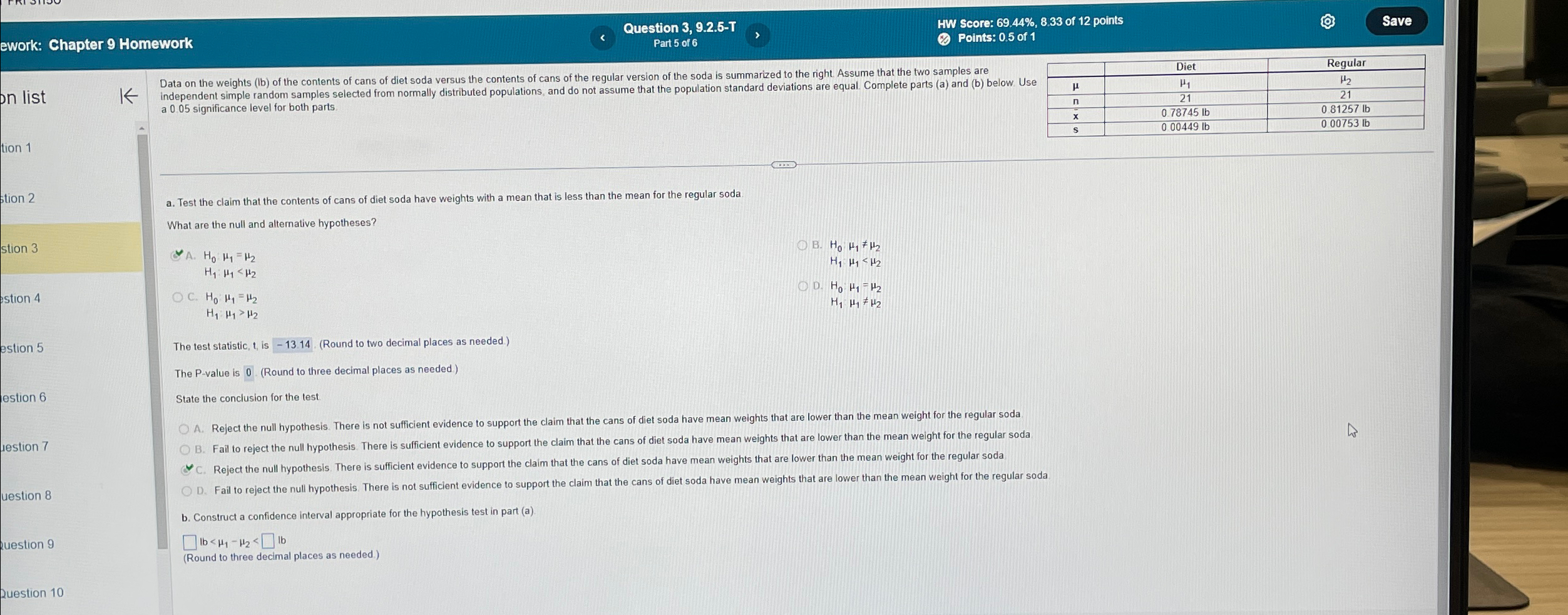 ework: Chapter 9 ﻿HomeworkQuestion 3, 9.2.5-TW Score: | Chegg.com