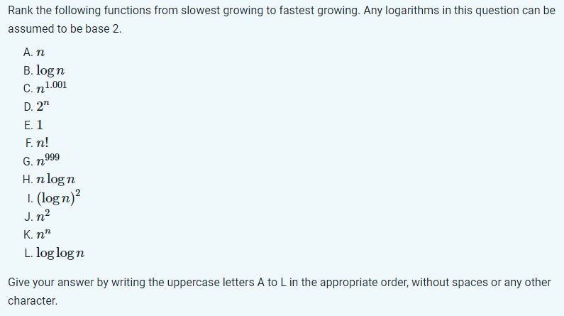 Solved Rank the following functions from slowest growing to | Chegg.com