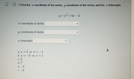Solved Find the x-coordinate of the vertex, y-coordinate of | Chegg.com