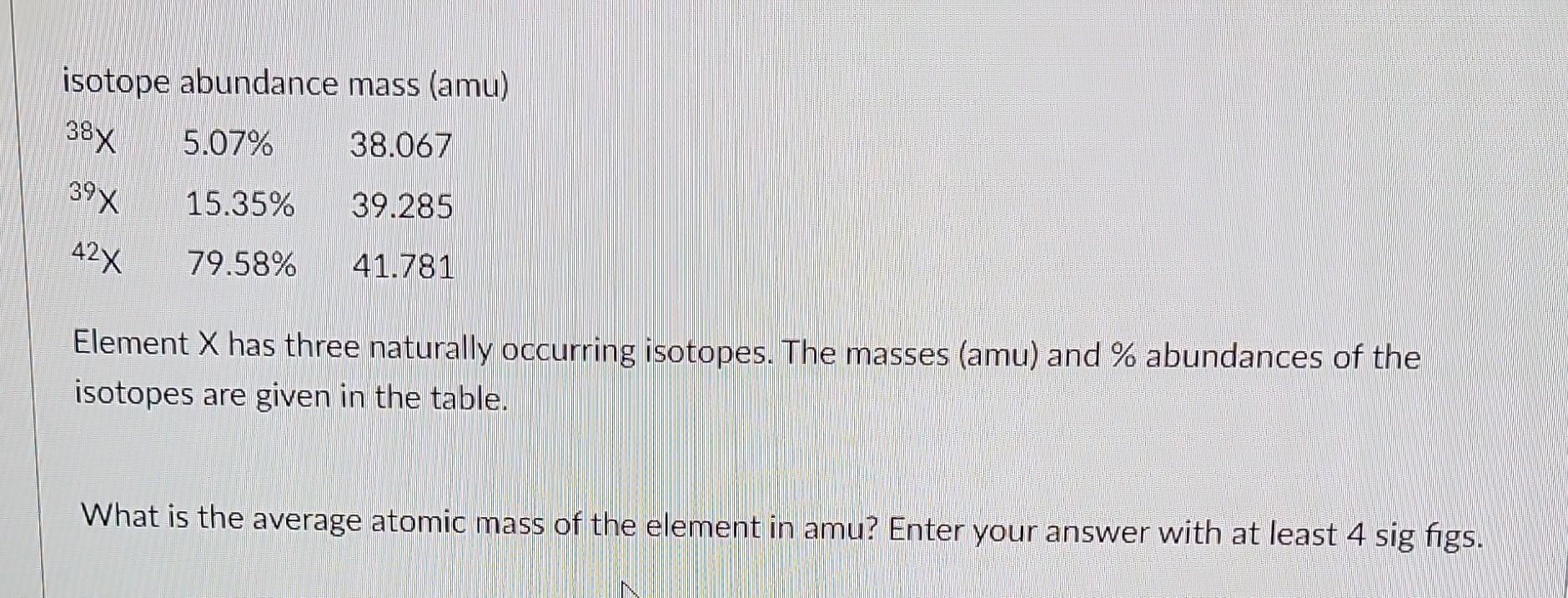 Solved isotope abundance mass (amu) Element X has three | Chegg.com
