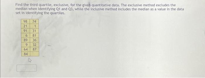 Solved Find the third quartile, exclusive, for the given | Chegg.com