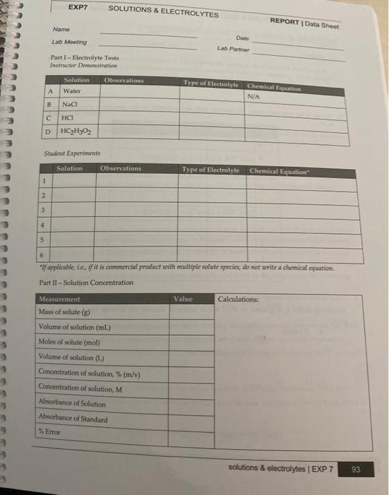 EXP7 SOLUTIONS & ELECTROLYTES REPORT Data Sheet Name | Chegg.com