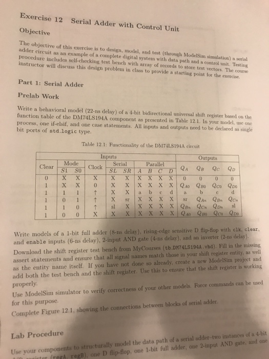 Solved Exercise 12 Objective Serial Adder with Control Unit | Chegg.com