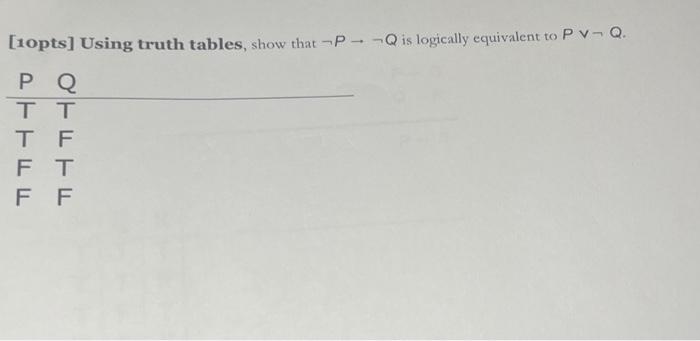 Solved [10pts] Using truth tables, show that ¬P→¬Q is | Chegg.com