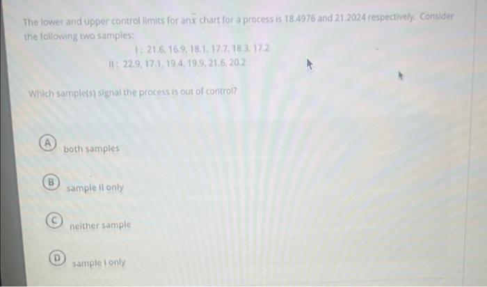 Solved The lower and upper control limits for anx chart for | Chegg.com