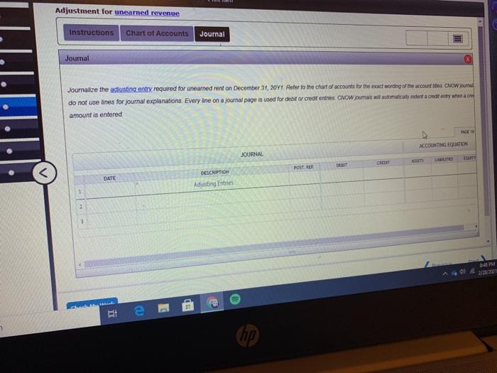 Solved Adjustment for unearned revenue Chart of Accounts | Chegg.com
