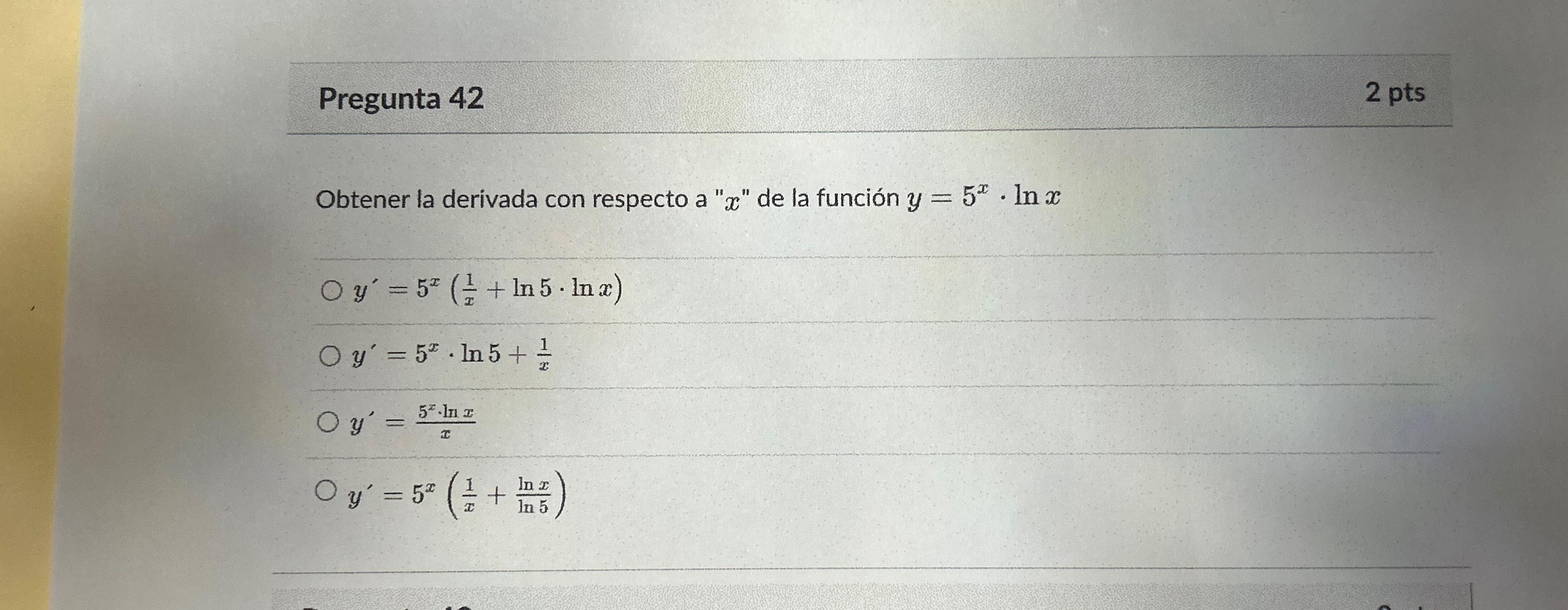 Solved Pregunta 422 ﻿ptsObtener la derivada con respecto a | Chegg.com