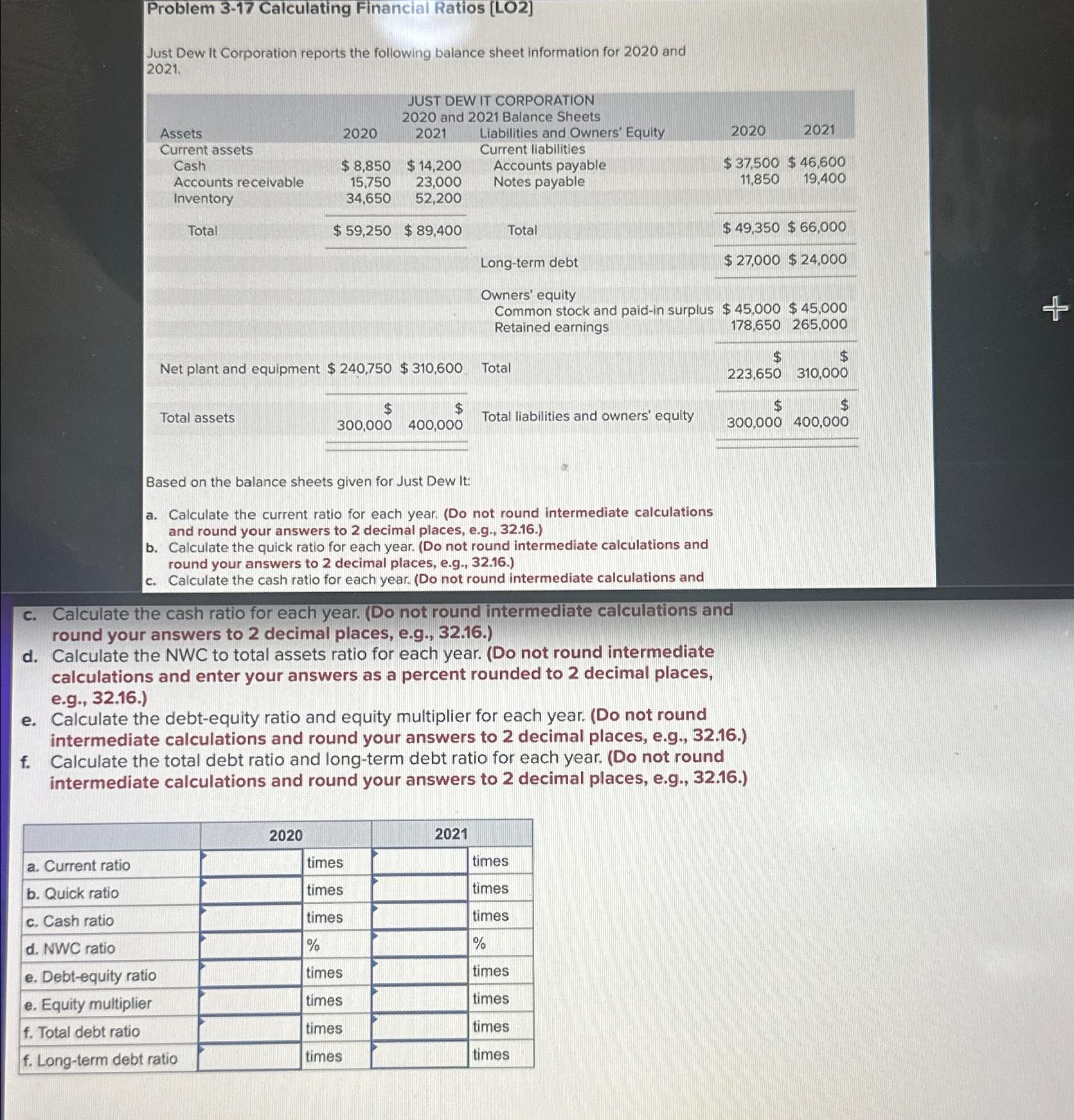 Problem 3 17 ﻿calculating Financial Ratios [lo2]just