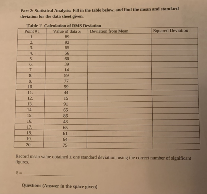 Solved Part 2: Statistical Analysis: Fill in the table | Chegg.com