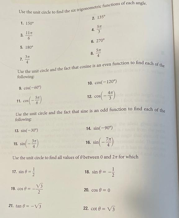 Solved Use the unit circle to find the six trigonometric | Chegg.com