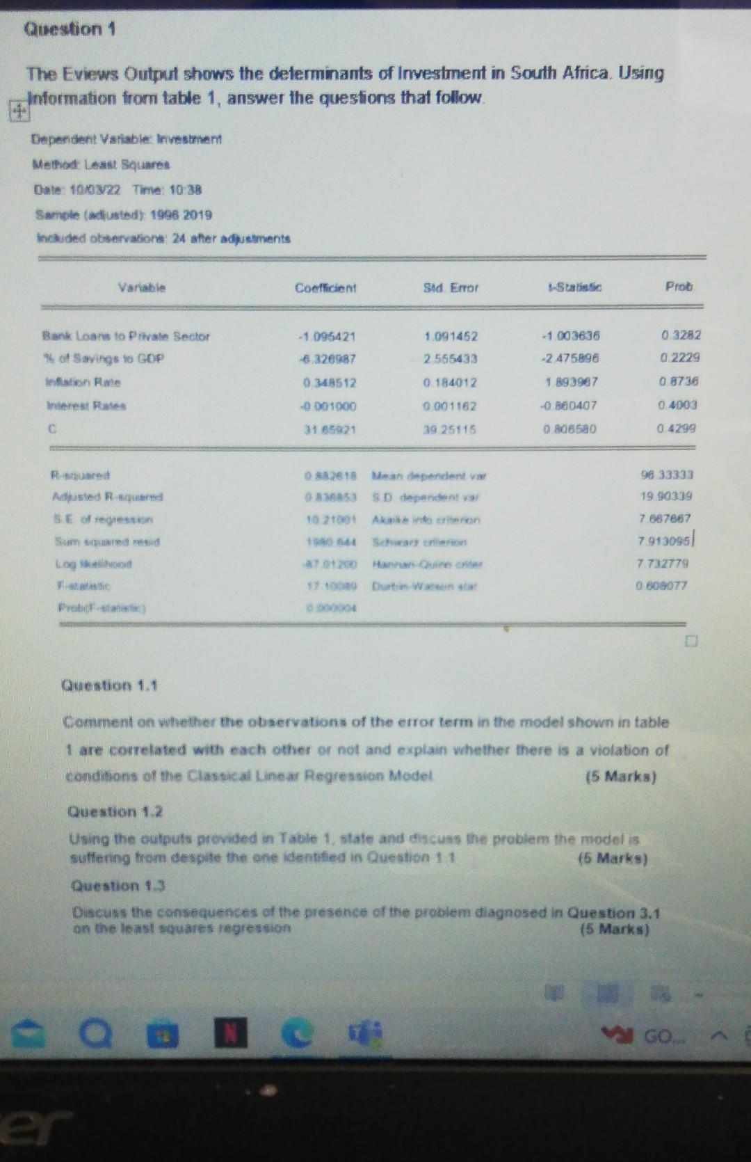 The Eviews Output shows the determinants of | Chegg.com