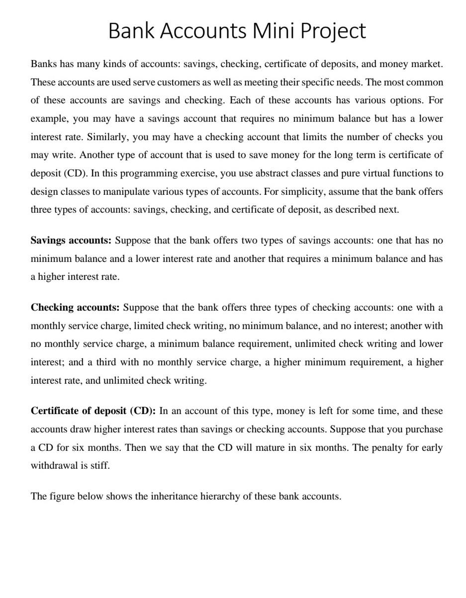 Solved Bank Accounts Mini Project Banks has many kinds of | Chegg.com
