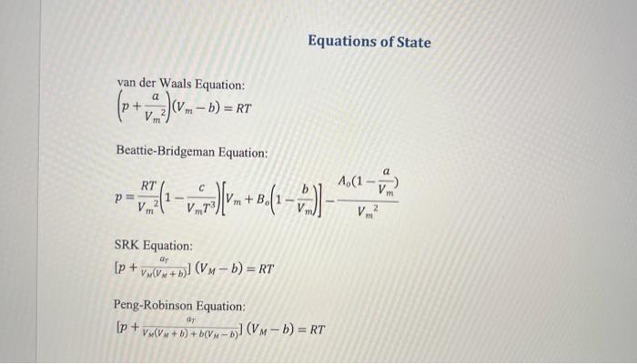 Solved Equations of State van der Waals Equation: | Chegg.com