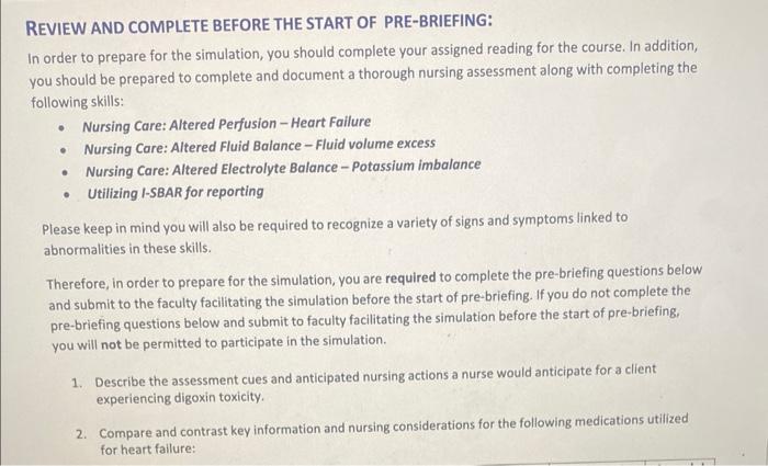 Solved REVIEW AND COMPLETE BEFORE THE START OF PRE-BRIEFING: | Chegg.com