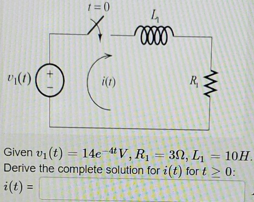 Solved Given v1(t)=14e−4tV,R1=3Ω,L1=10H Derive the complete | Chegg.com