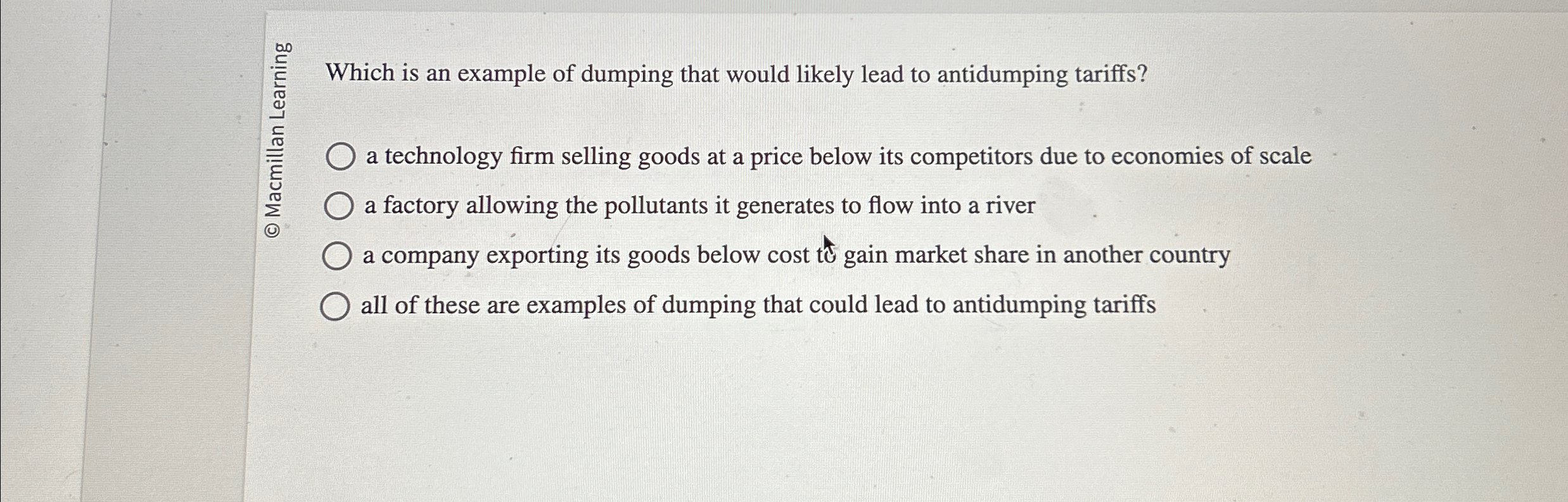 Solved Which is an example of dumping that would likely lead | Chegg.com