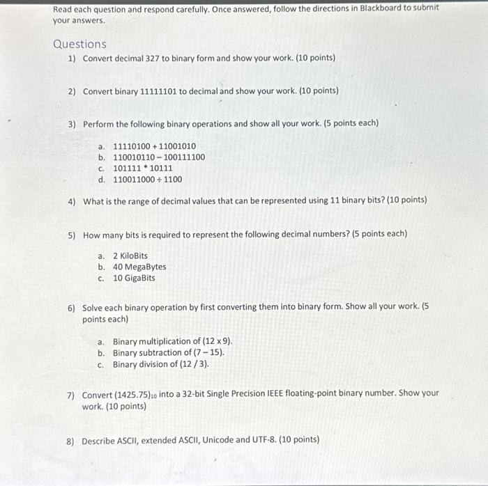 Solved Read each question and respond carefully. Once | Chegg.com