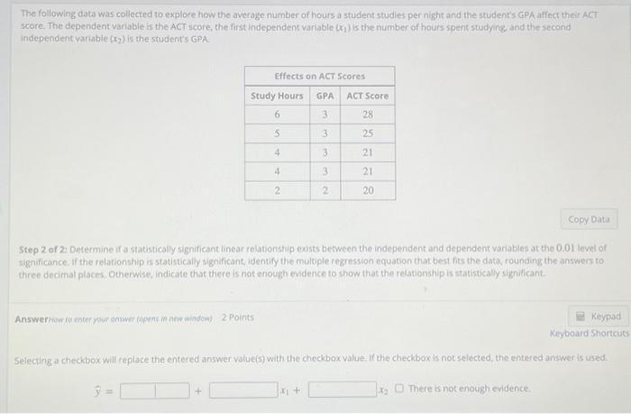Solved The following data was collected to explore how the | Chegg.com