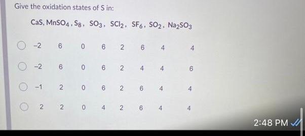 Solved Give the oxidation states of S in: Cas, MnSO4. Sg. | Chegg.com