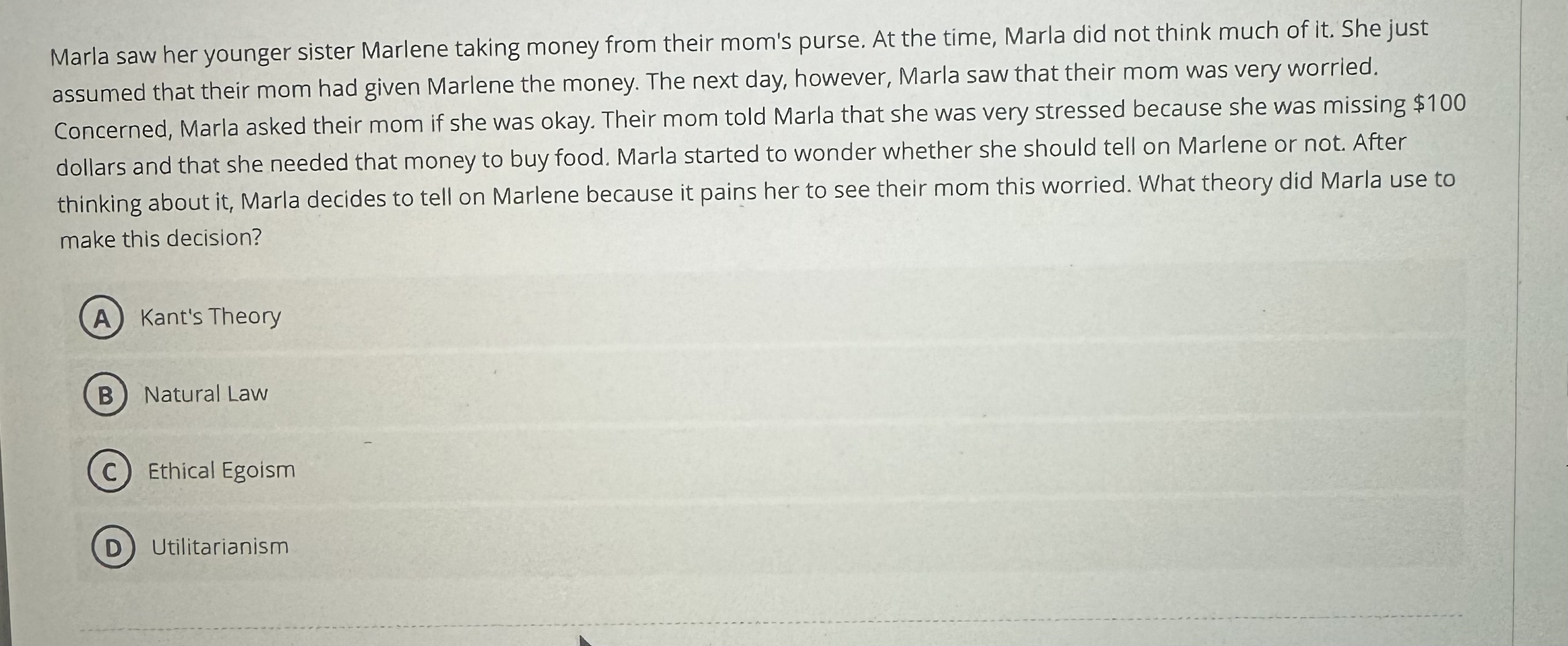 Solved Marla saw her younger sister Marlene taking money | Chegg.com
