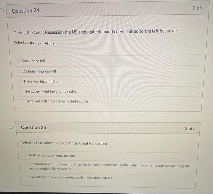 Solved 2 pts Question 24 During the Great Recession the US | Chegg.com