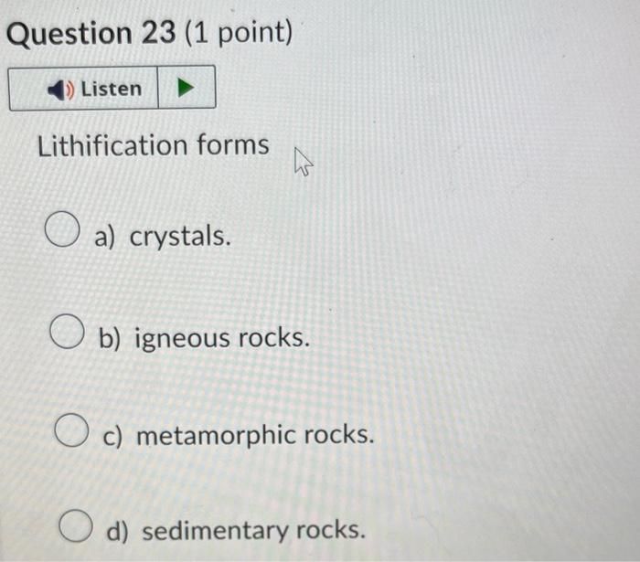 Solved Lithification forms a) crystals. b) igneous rocks. c) | Chegg.com