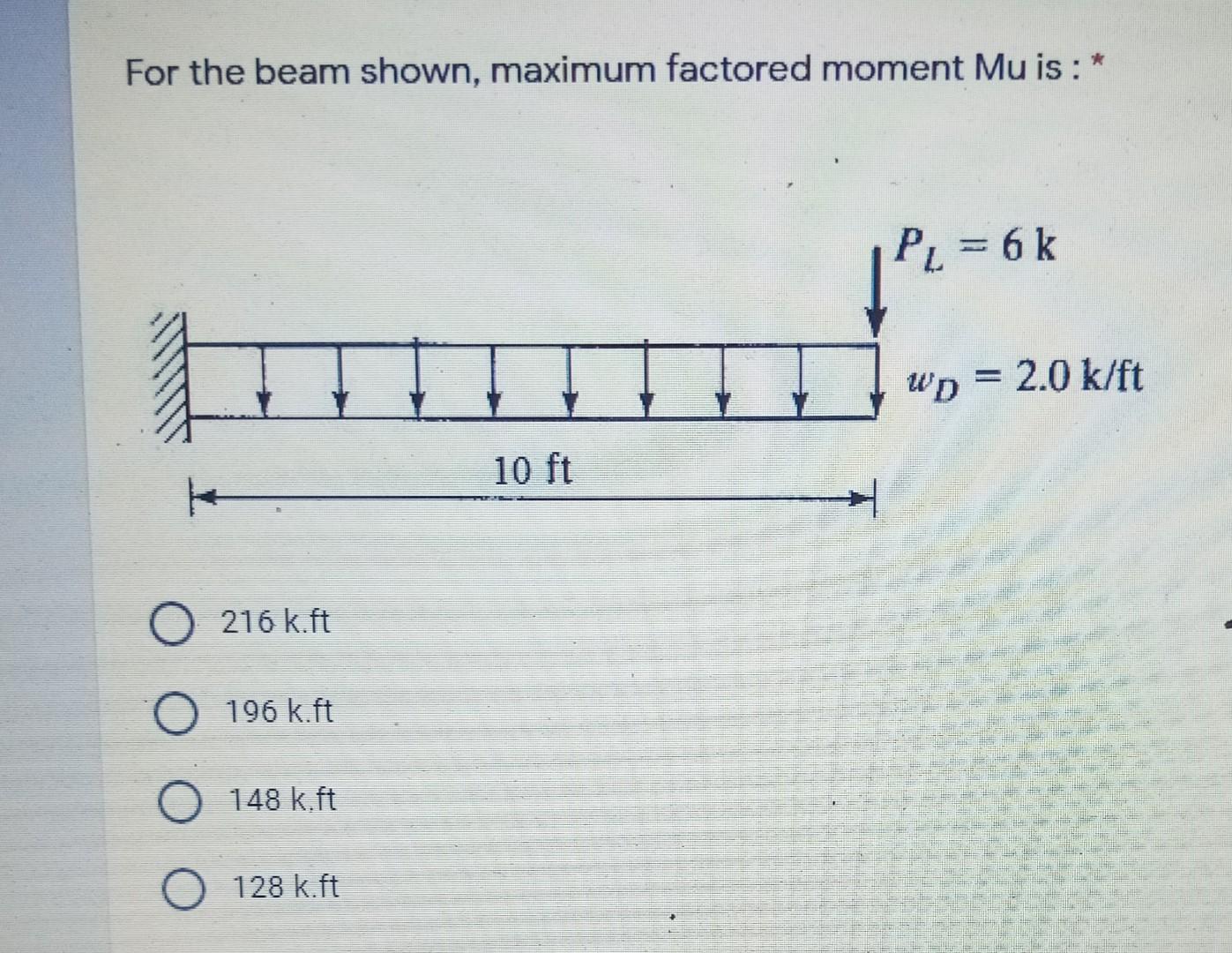 Solved For the beam shown, maximum factored moment Mu is :* | Chegg.com