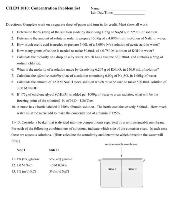 Solved CHEM 1010: Concentration Problem Set Name: Lab Day | Chegg.com