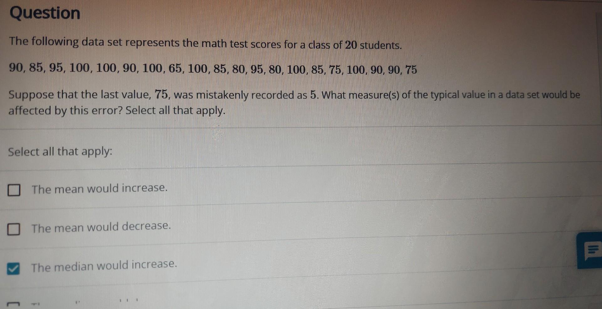 Solved The following data set represents the math test | Chegg.com