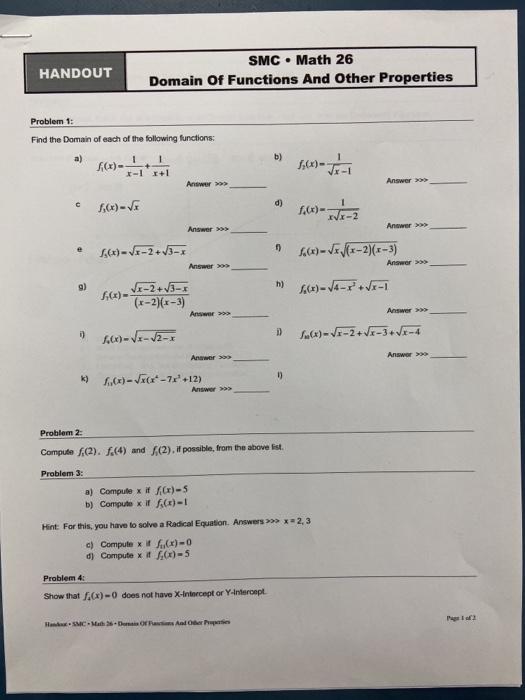 Solved HANDOUT SMC • Math 26 Domain Of Functions And Other | Chegg.com