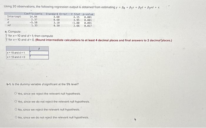 Solved Using 20 observations, the following regression | Chegg.com
