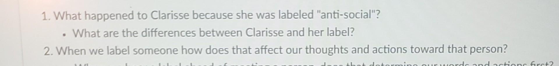 1. What happened to Clarisse because she was labeled | Chegg.com