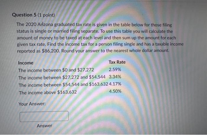 Solved Question 5 (1 point) The 2020 Arizona graduated tax | Chegg.com