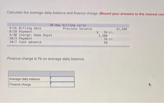 Solved Calculate the average daily balance and finance | Chegg.com