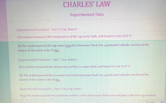 Solved CHARLES LAW Pre-Lab Questions 1) The following data | Chegg.com