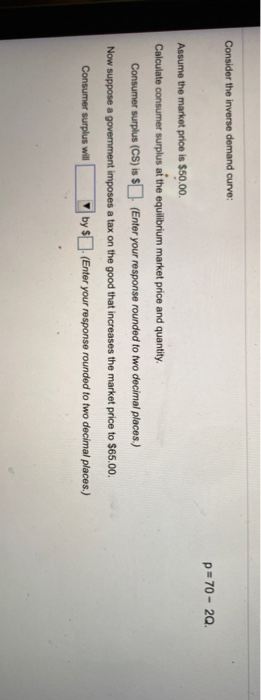 Solved Consider the inverse demand curve: p = 70 - 20. | Chegg.com