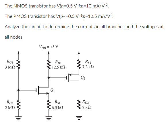 Solved The NMOS transistor has Vtn=0.5V,kn=10mAV2.The PMOS | Chegg.com