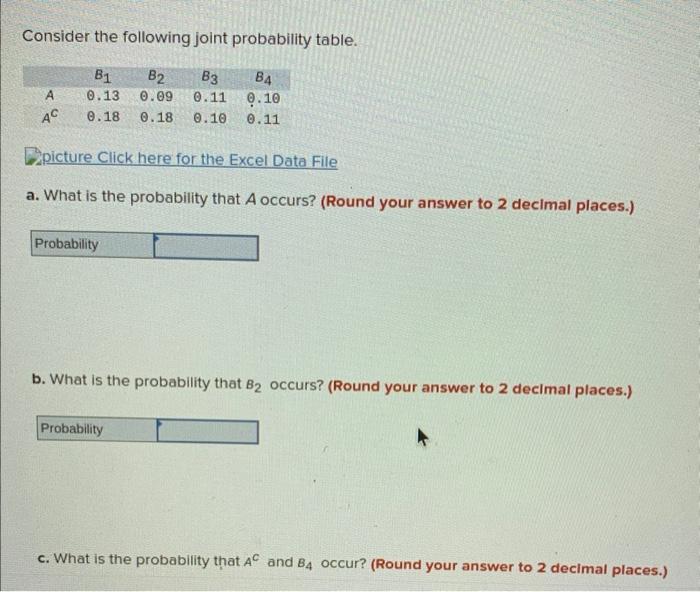 Solved Consider the following joint probability table. | Chegg.com