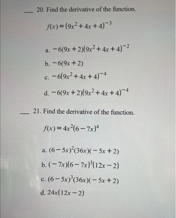 Solved 20. Find the derivative of the function. | Chegg.com
