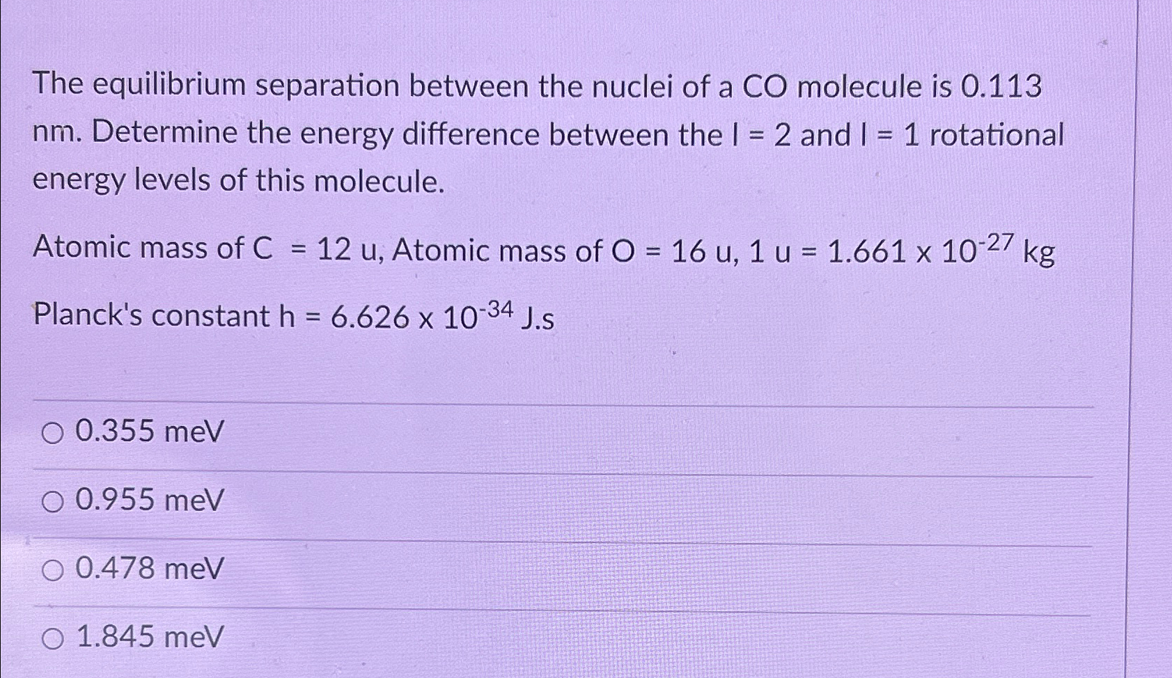 Solved The equilibrium separation between the nuclei of a CO | Chegg.com