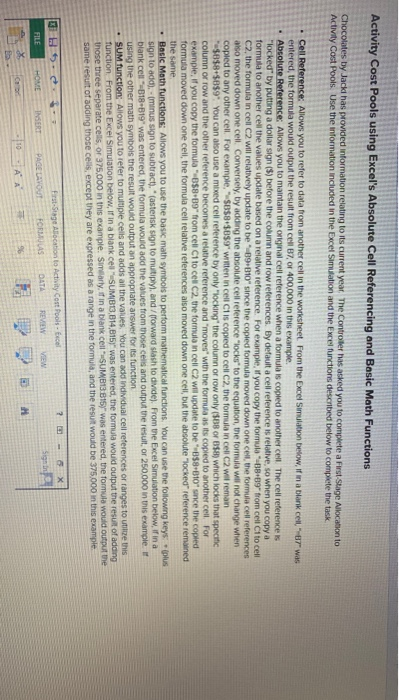 Activity Cost Pools using Excel's Absolute Cell | Chegg.com