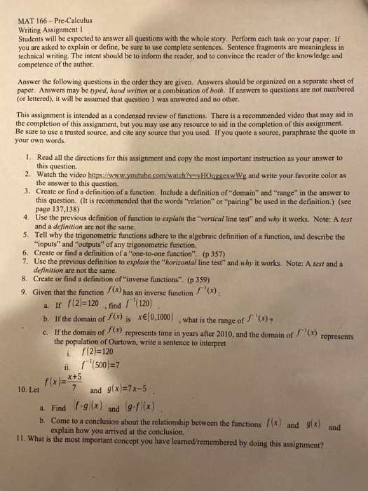 Solved MAT 166 - Pre-Calculus Writing Assignment Students | Chegg.com