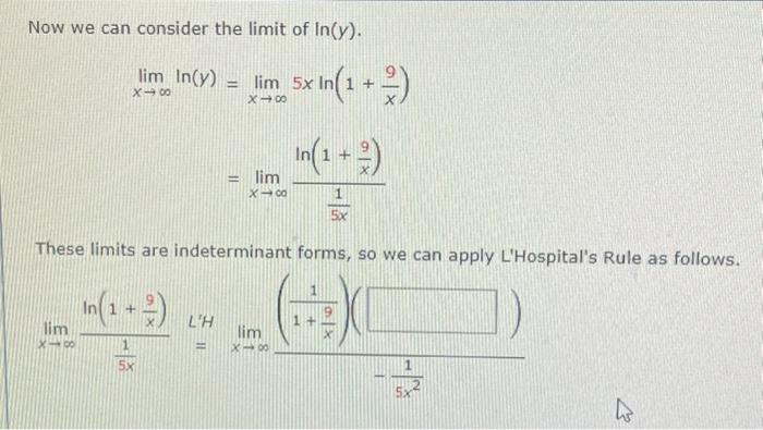 Solved Now we can consider the limit of In(y). lim In(y) - | Chegg.com