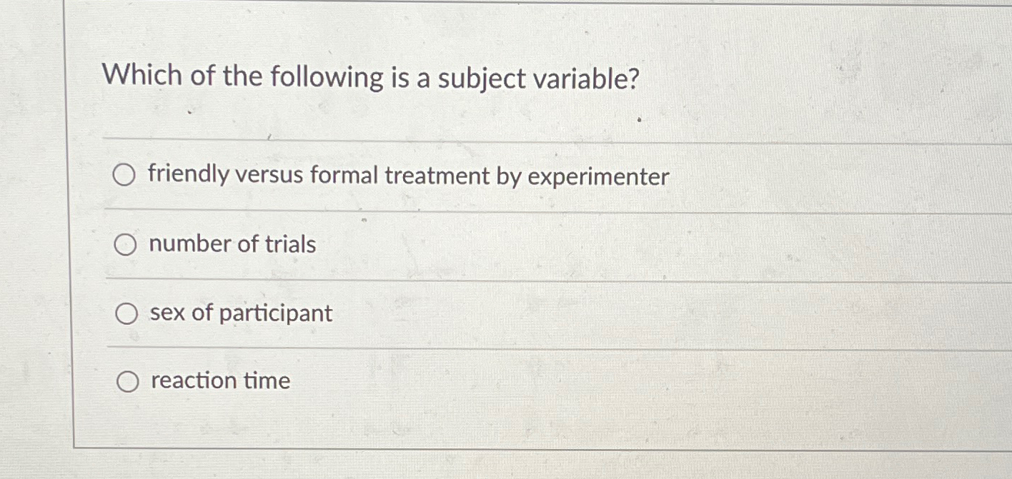 Solved Which of the following is a subject variable?friendly | Chegg.com