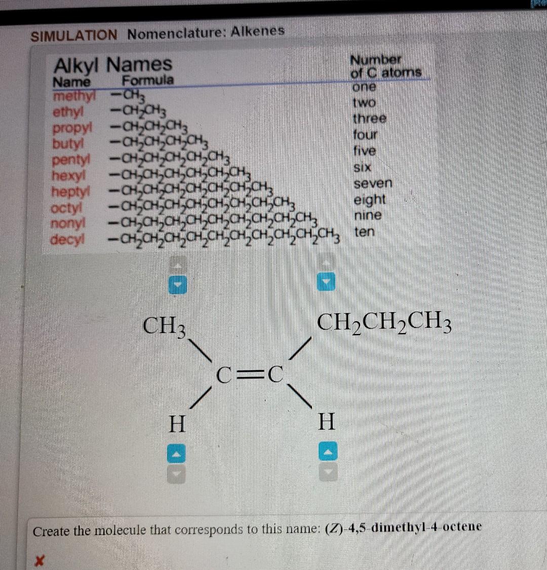 Solved SIMULATION Nomenclature: Alkenes Alkyl Names Number | Chegg.com