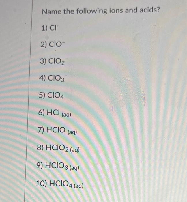 Solved Name the following ions and acids? 1) Cl− 2) ClO− 3) | Chegg.com Solved Name the following ions and acids? 1) Cl− 2) ClO− 3) | Chegg.com