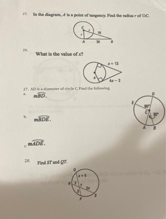 Solved 25. In the diagram, A is a point of tangency. Find | Chegg.com