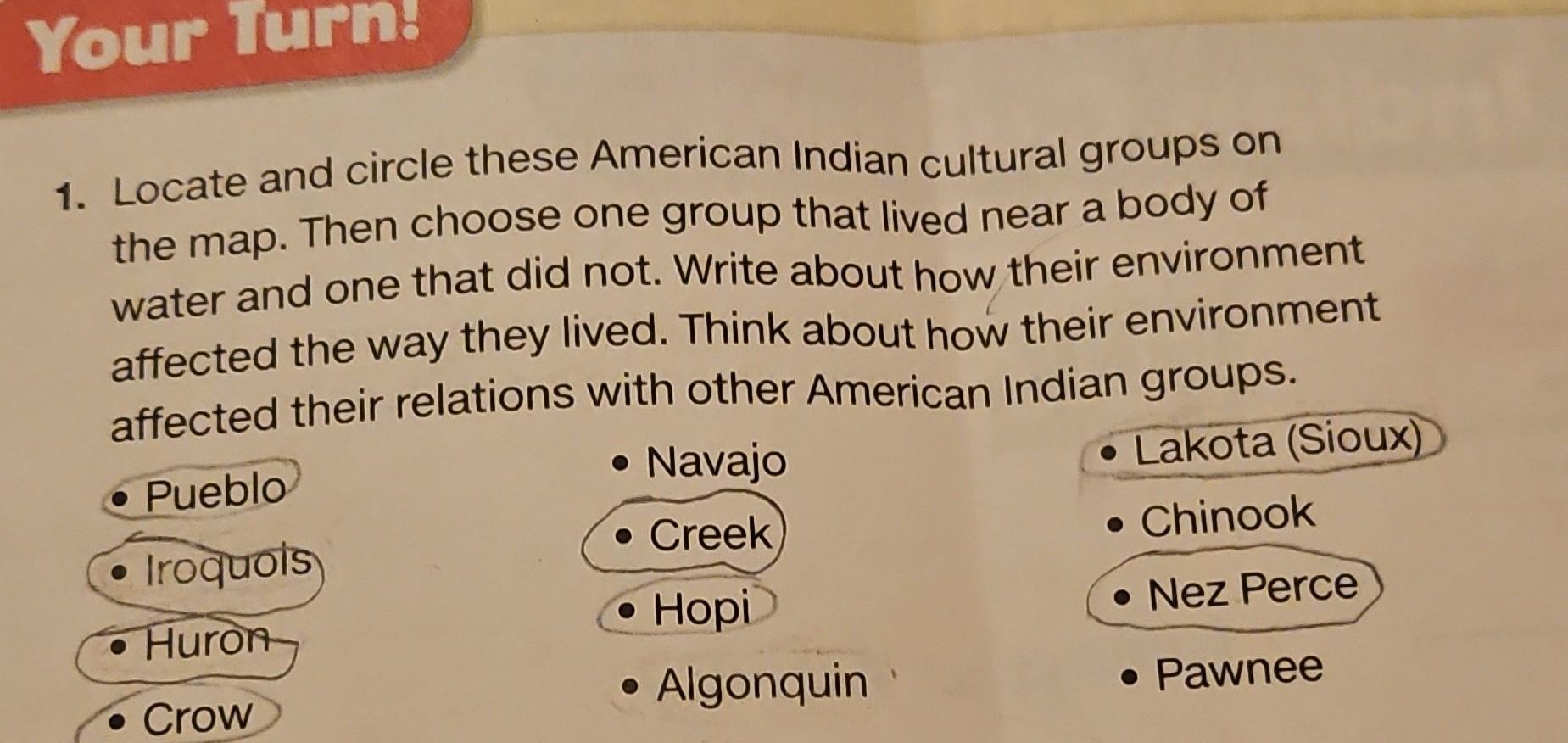 1. Locate and circle these American Indian cultural | Chegg.com